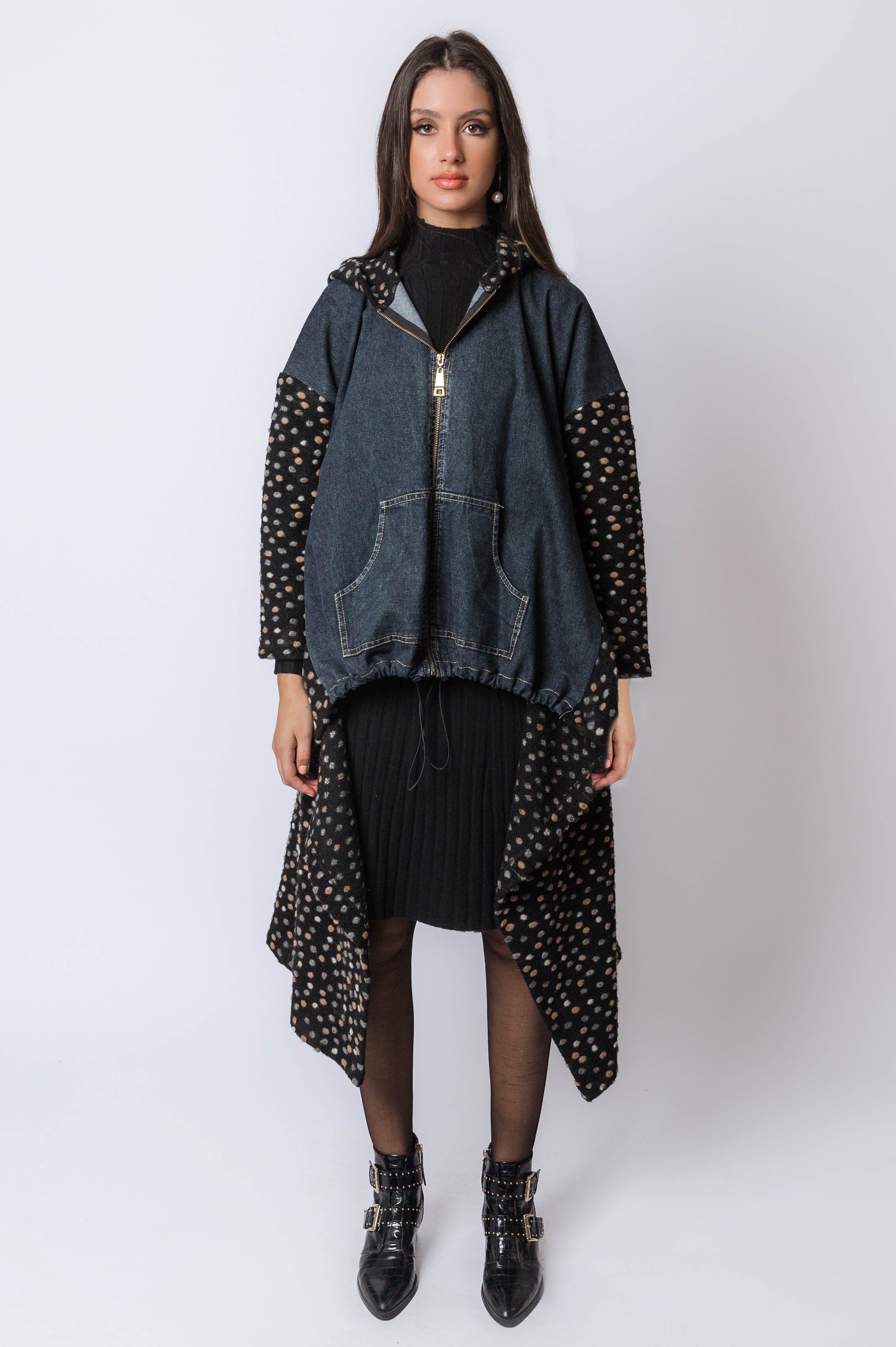 High Low Denim Hooded Jacket With Knitted Back And Sleeve – Fazzali Fashion